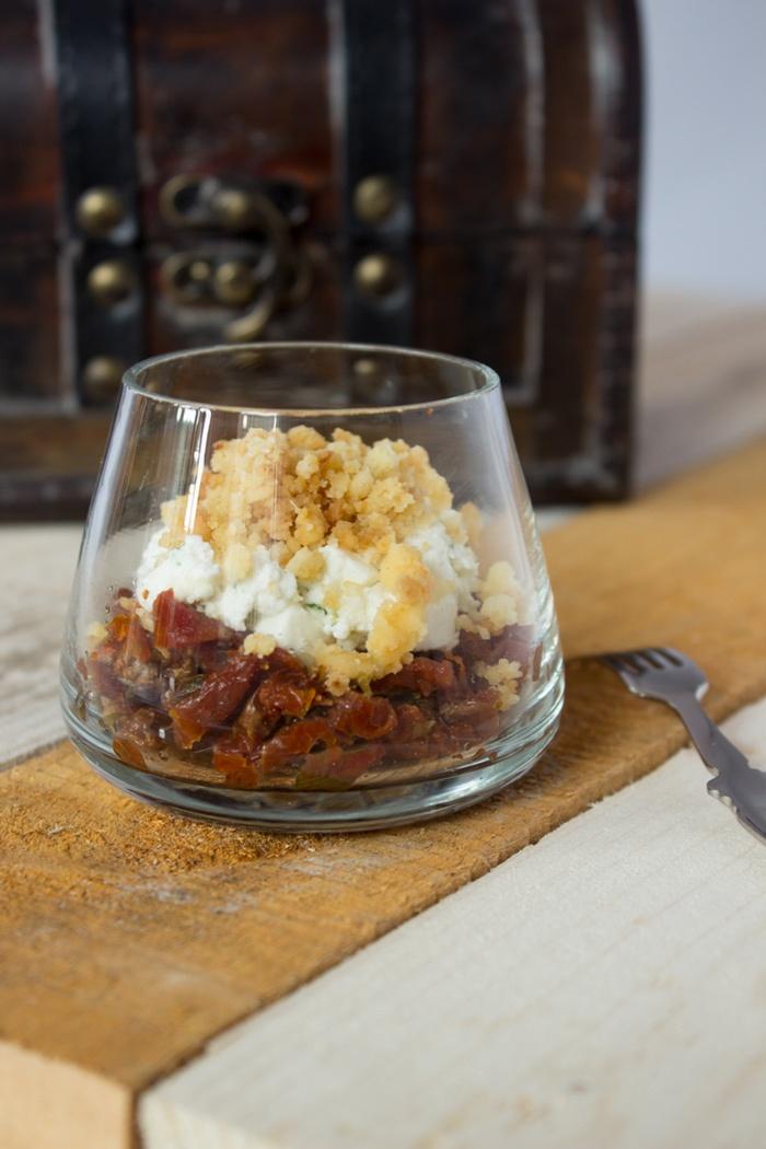 Goat cheese and dried tomato crumble verrine