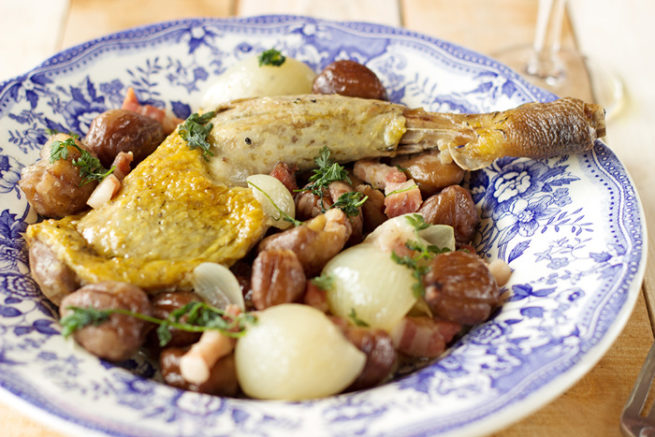 Guinea fowl legs recipe with chestnuts and onions