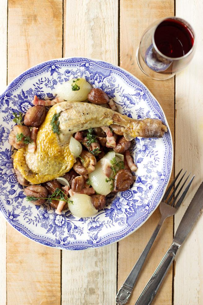 Guinea fowl legs recipe with chestnuts and onions